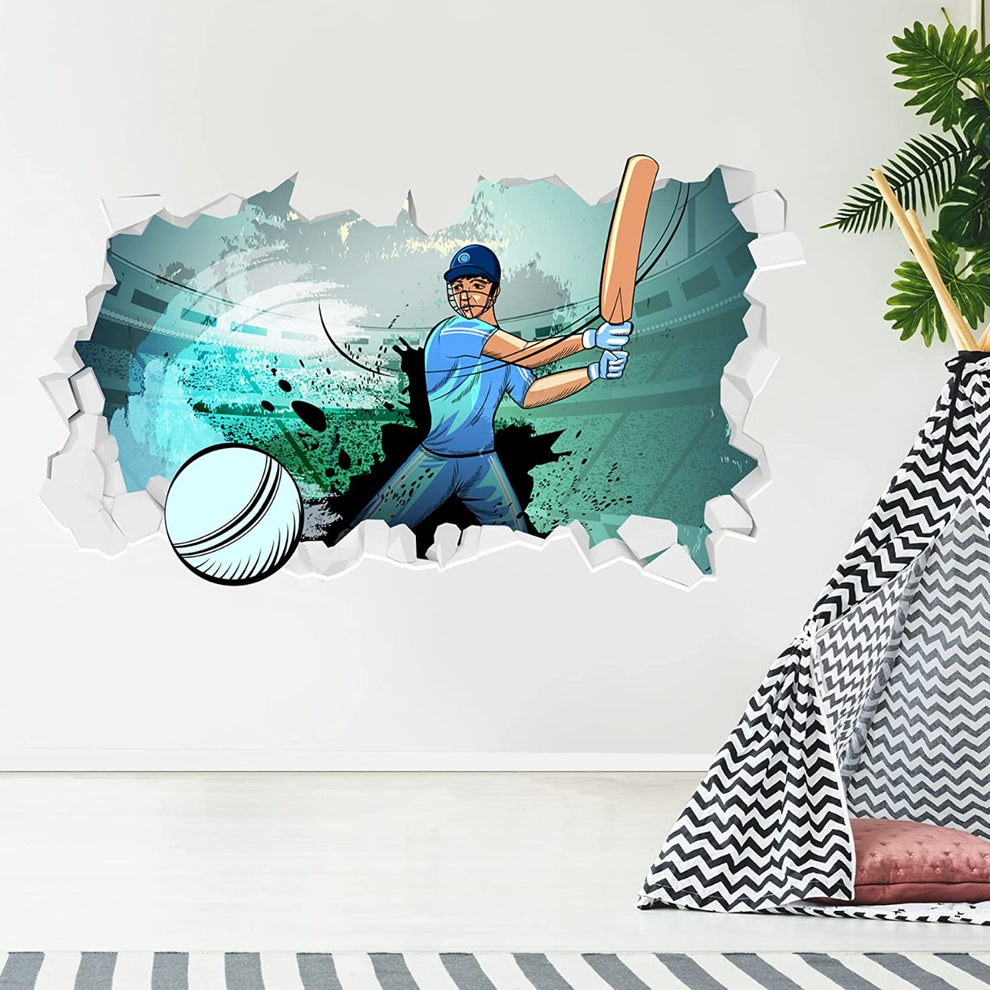 Cricket Wall Sticker - Player Hitting Ball Through Broken Wall Decal ...
