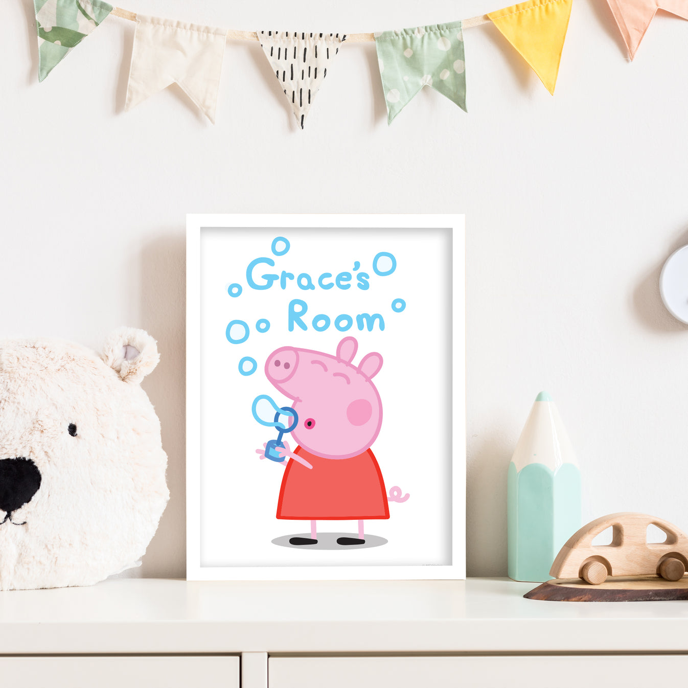 Peppa Pig Print - Peppa Blowing Bubbles Personalised Name Poster Wall ...
