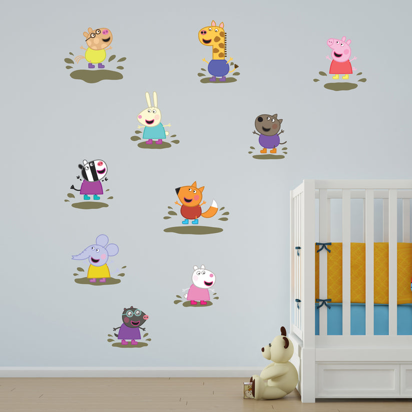 Peppa Pig Wall Sticker - Peppa Pig and Friends Jumping in Muddy Puddle ...