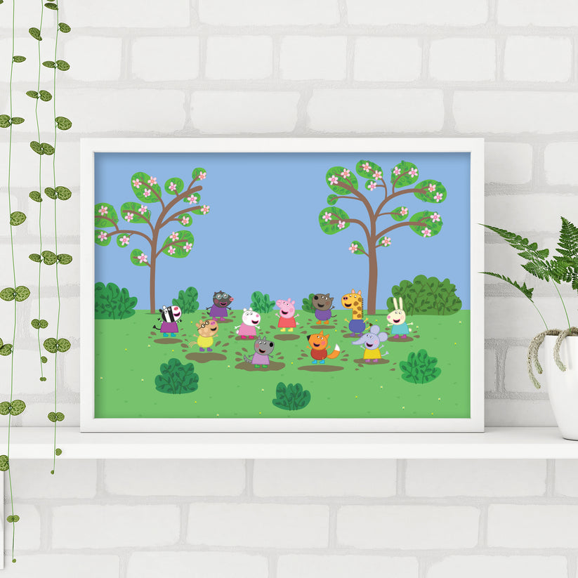 Peppa Pig Print - Peppa and Friends Jumping In Muddy Puddles Scene Pos ...