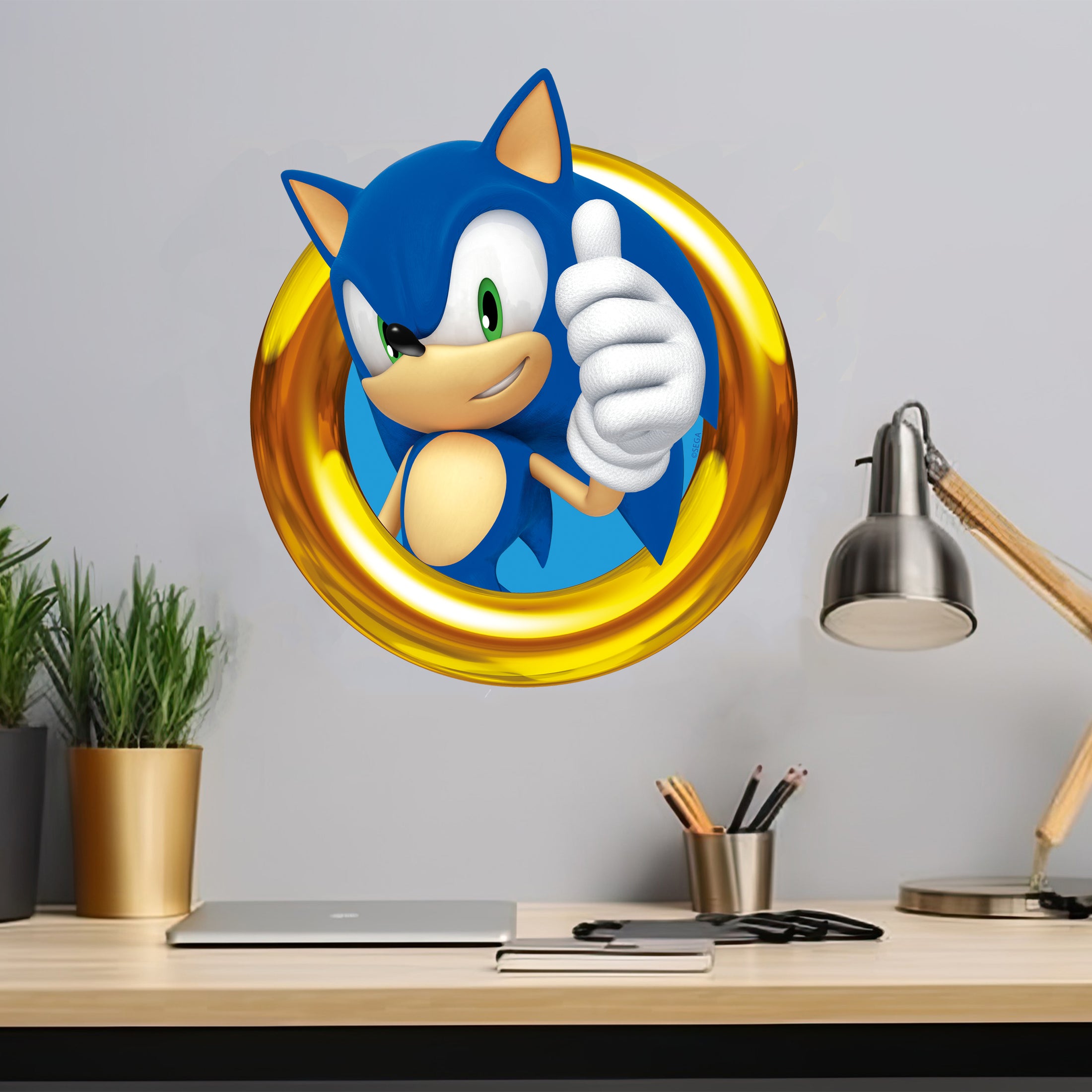 Sonic The Hedgehog Wall Sticker - Sonic in Gold-Ring Thumbs Up Wall Ar ...