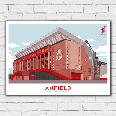 Liverpool FC Print - Anfield Illustration Outside Stadium Blue Sky Pos ...