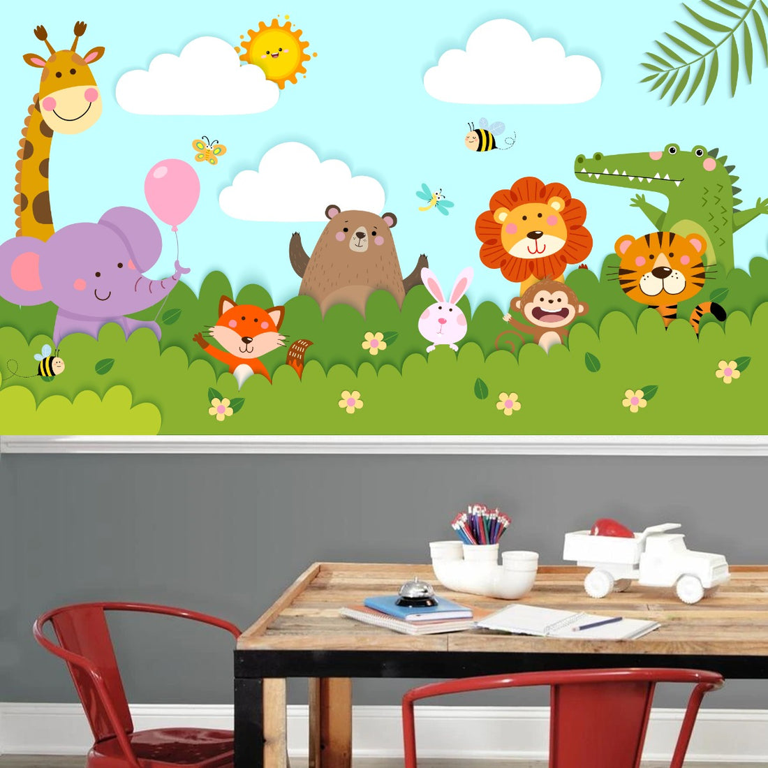Nursery Wall Mural - Cartoon Animals Waving Full Wall Mural Kids ...