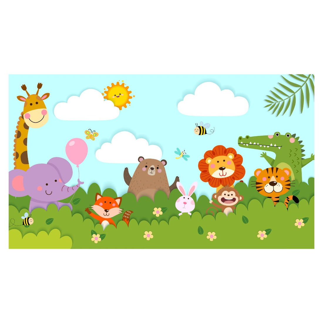 Nursery Wall Mural - Cartoon Animals Waving Full Wall Mural Kids ...