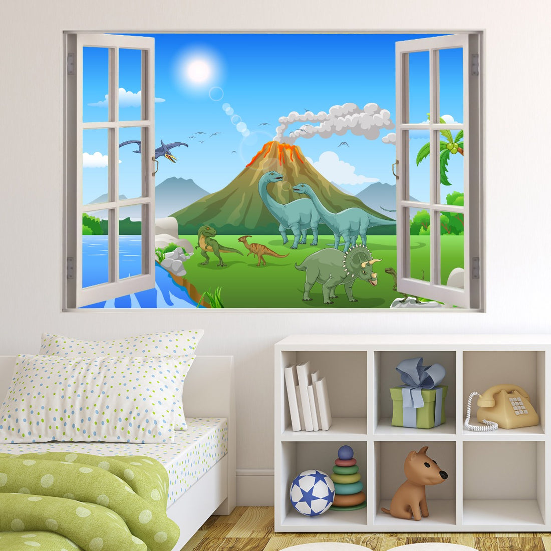 Dinosaur Wall Sticker - Cartoon Dinosaur Land with Erupting Volcano ...
