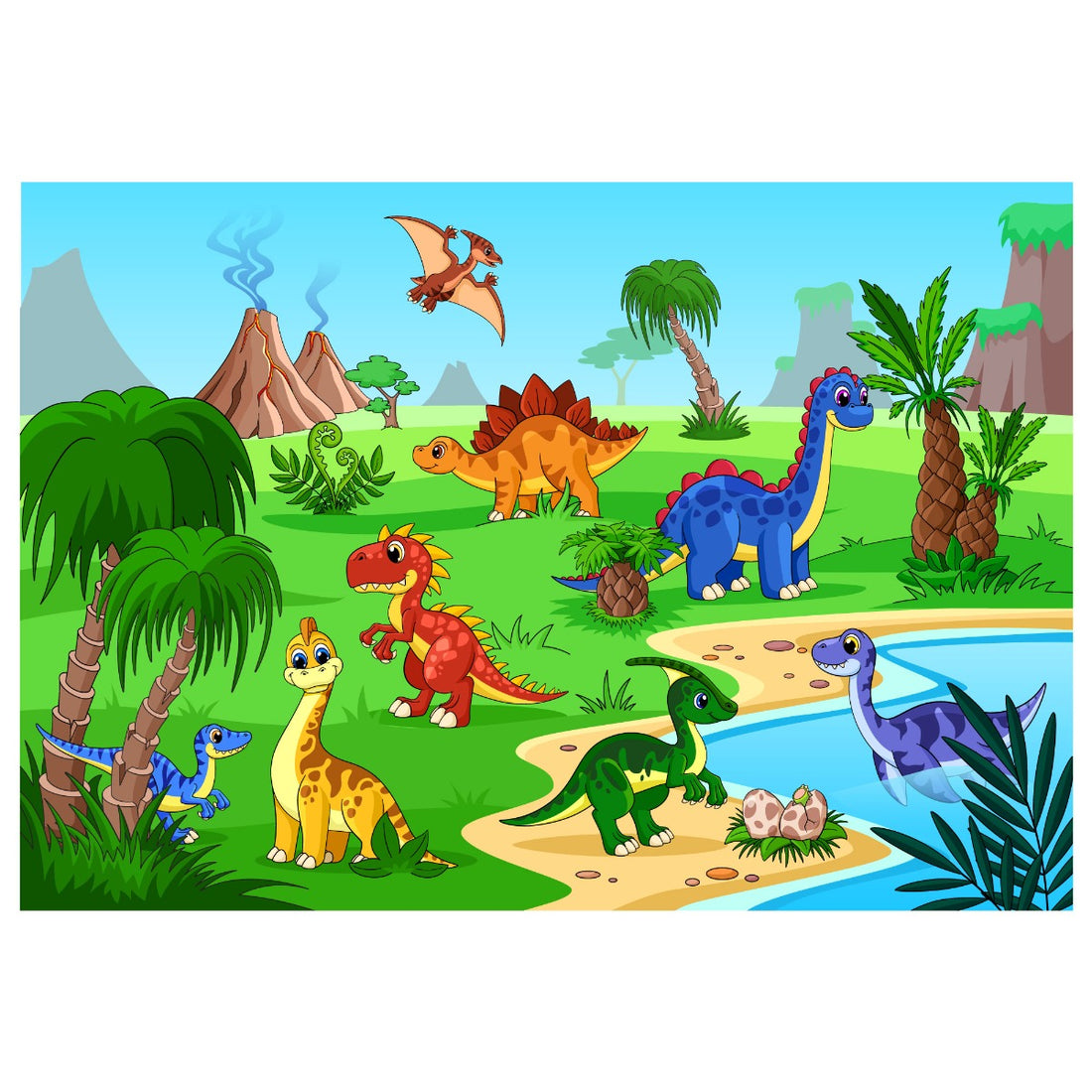 Dinosaur Wall Mural - Colourful Cartoon Dinosaur Land Full Wall Mural ...