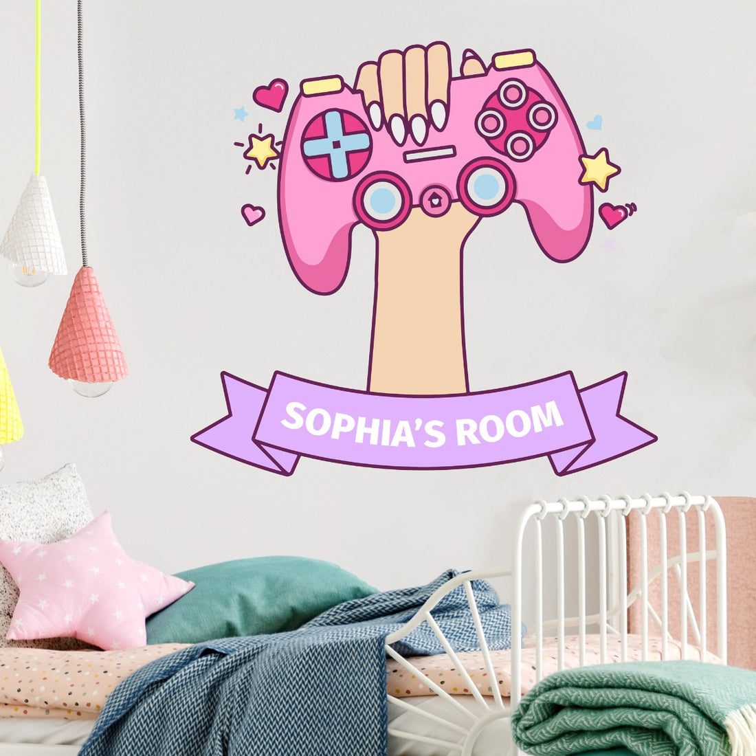 Gaming Wall Sticker - Girl Gamer Personalised Name Controller Pink Wall ...