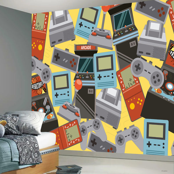 Gaming Wall Mural - Retro Games Consoles Collage Full Wall Mural Art ...