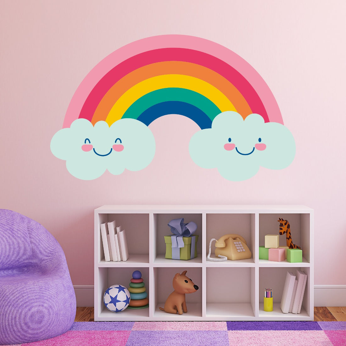 Rainbow Wall Sticker - Rainbow Smiley Face Clouds Wall Decal Kids Art ...