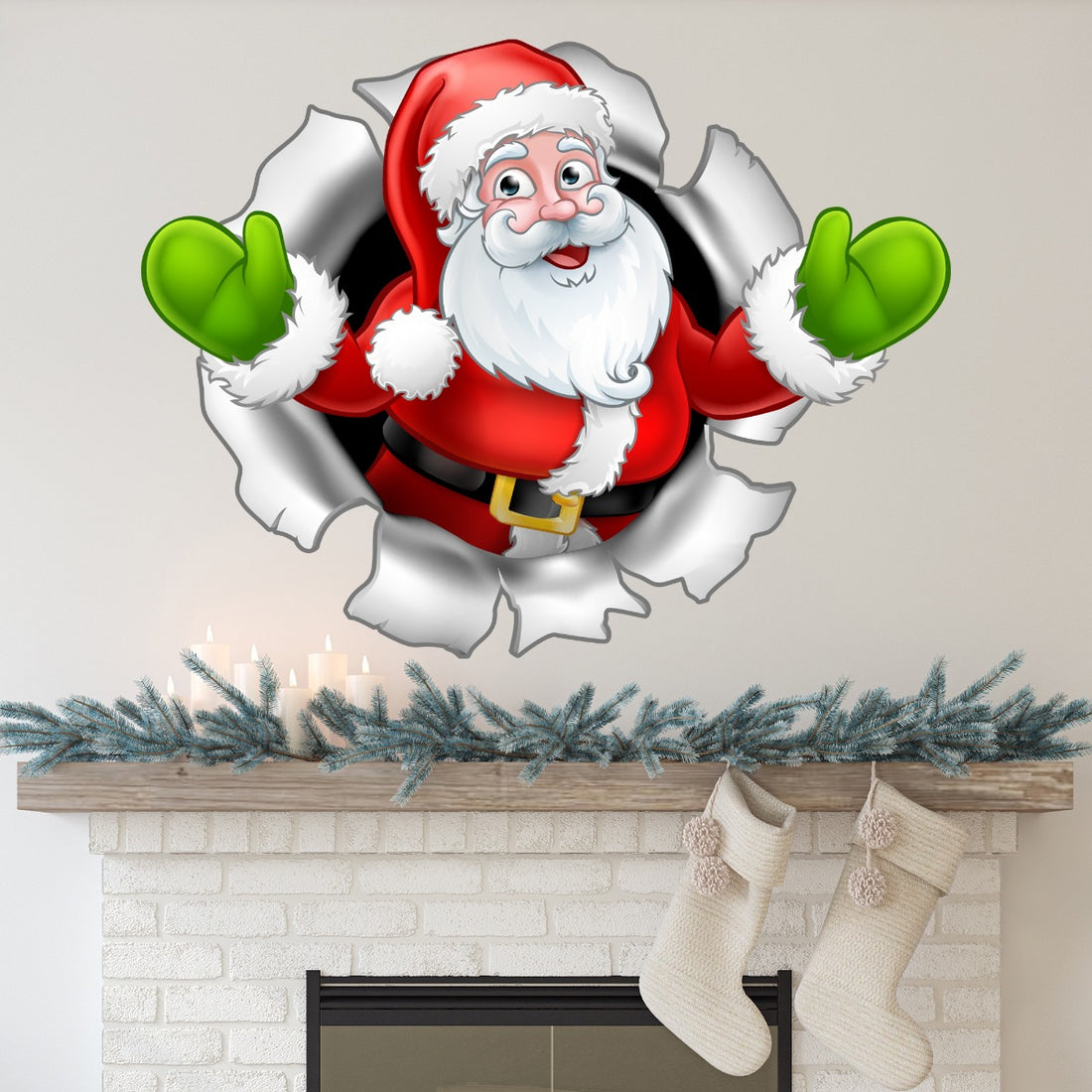 Christmas Wall Sticker - Santa Ripping Through Wall Decal Xmas Winter ...